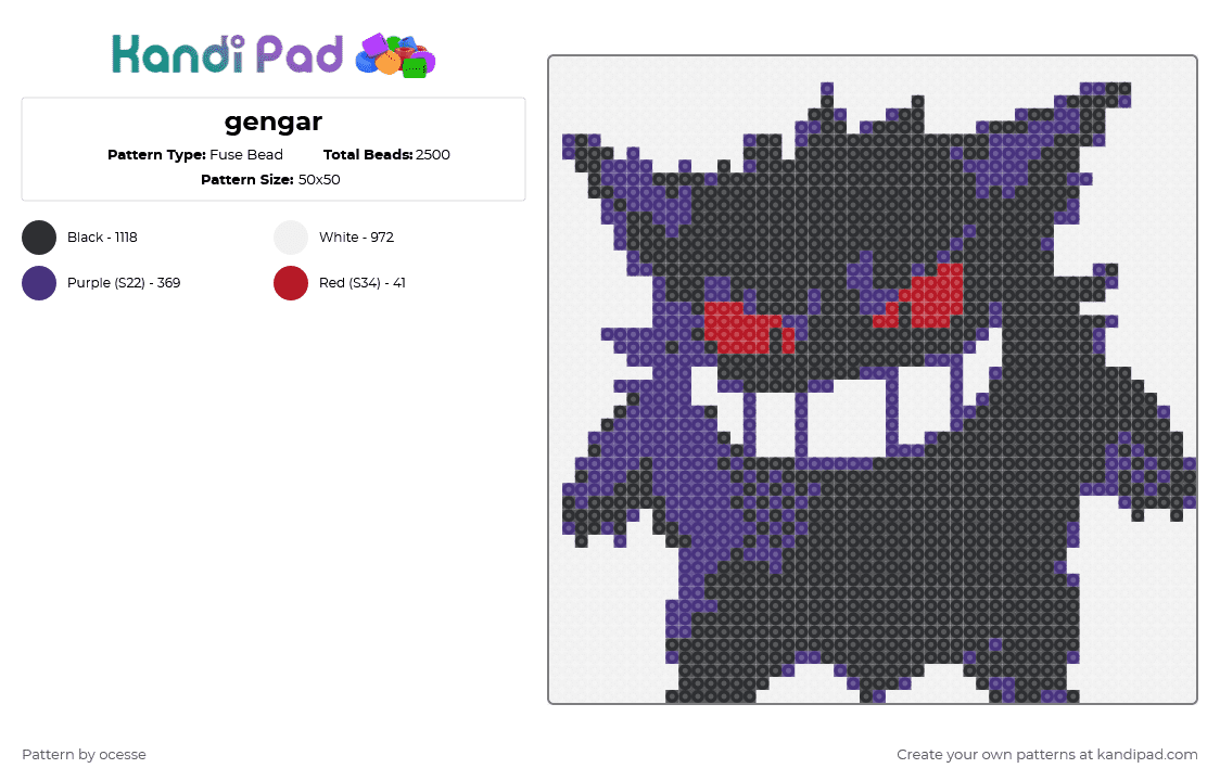 Gengar Fuse Bead Pattern - Kandi Pad | Kandi Patterns, Fuse Bead ...