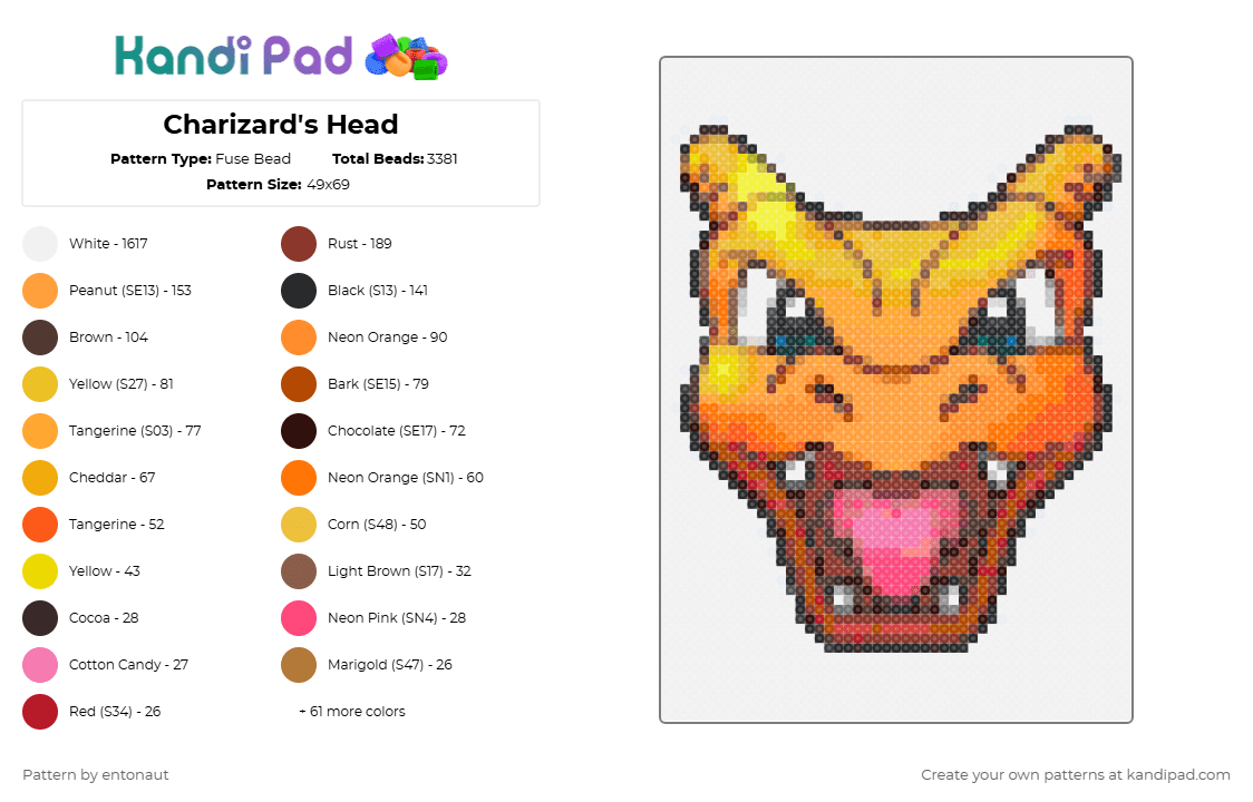 Charizard's Head Fuse Bead Pattern - Kandi Pad | Kandi Patterns, Fuse ...