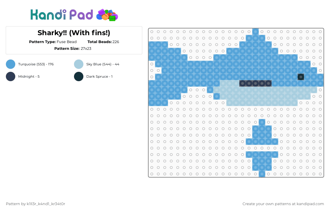 Sharky!! (With fins!) Fuse Bead Pattern - Kandi Pad | Kandi Patterns ...