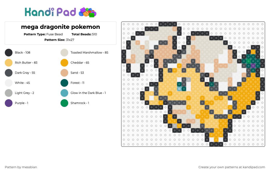 Mega dragonite pokemon Fuse Bead Pattern - Kandi Pad | Kandi Patterns ...