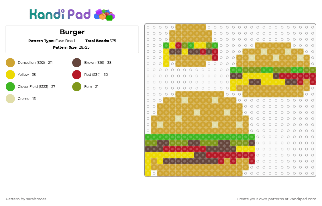 Burger Fuse Bead Pattern - Kandi Pad | Kandi Patterns, Fuse Bead ...