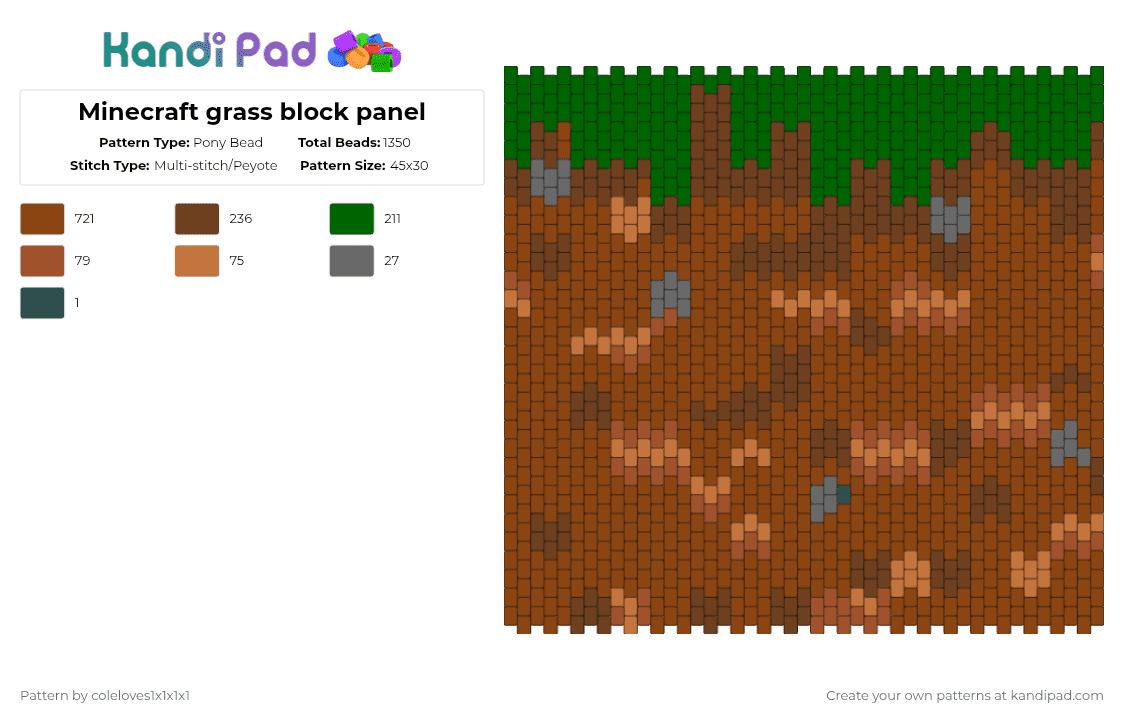 Minecraft grass block panel Pony Bead Pattern - Kandi Pad | Kandi ...