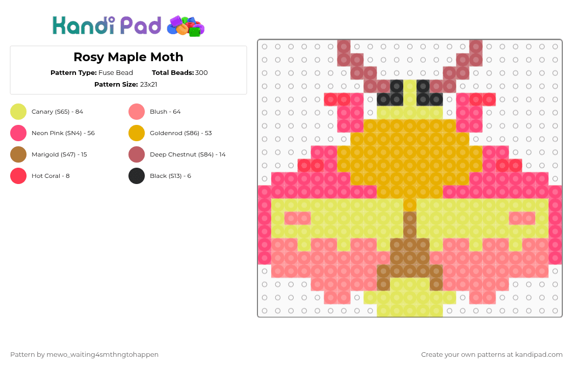 Rosy Maple Moth Fuse Bead Pattern - Kandi Pad | Kandi Patterns, Fuse ...