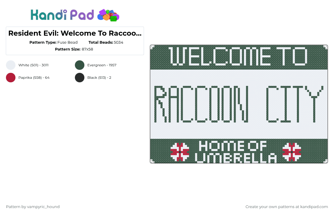 Resident Evil: Welcome To Raccoon City Sign V.1 Fuse Bead Pattern ...