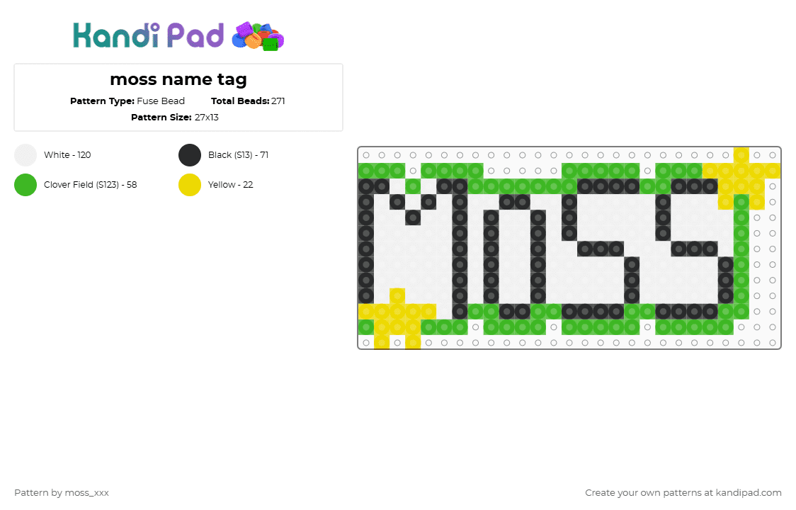 Moss name tag Fuse Bead Pattern - Kandi Pad | Kandi Patterns, Fuse Bead ...
