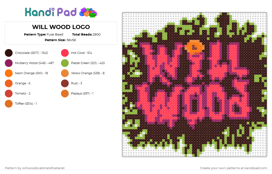 WILL WOOD LOGO Fuse Bead Pattern - Kandi Pad | Kandi Patterns, Fuse ...