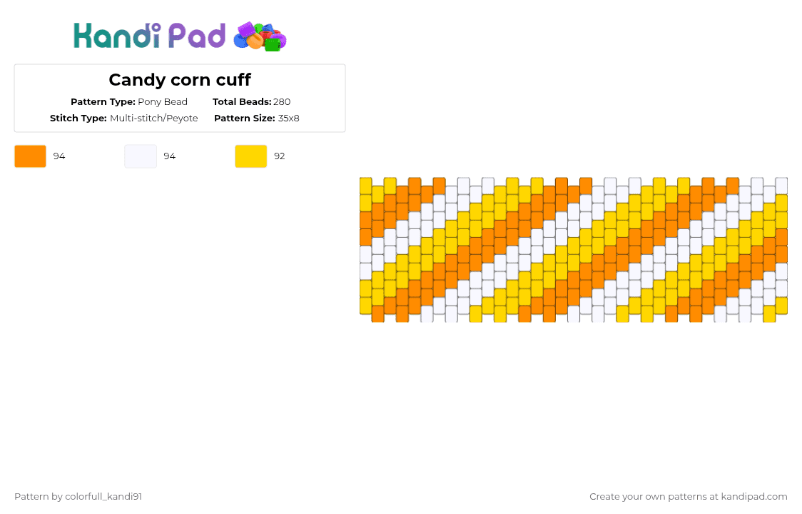 Candy corn cuff Pony Bead Pattern - Kandi Pad | Kandi Patterns, Fuse ...