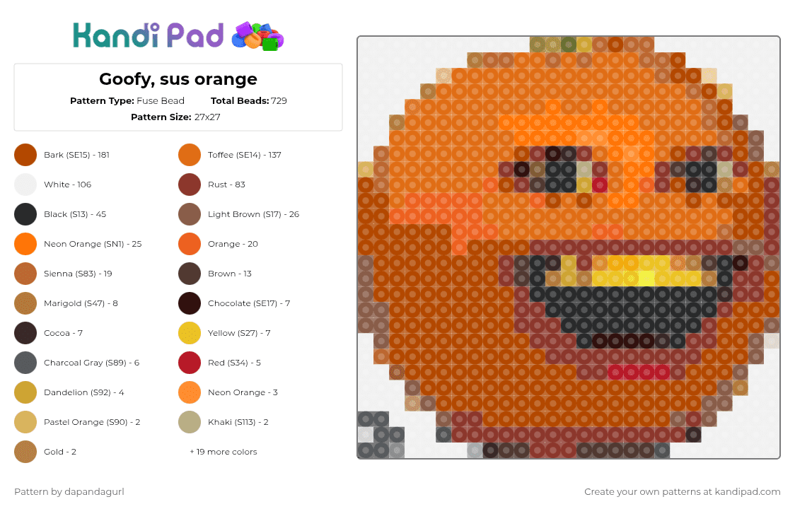 Goofy, sus orange Fuse Bead Pattern - Kandi Pad | Kandi Patterns, Fuse ...