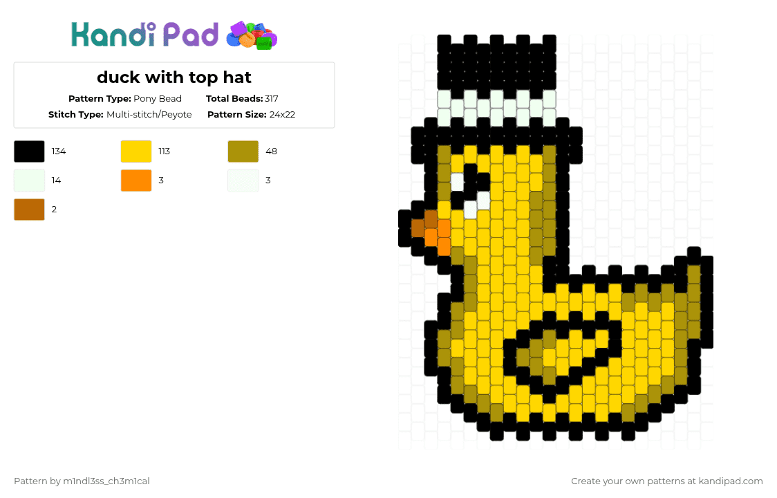 Duck with top hat Pony Bead Pattern - Kandi Pad | Kandi Patterns, Fuse ...