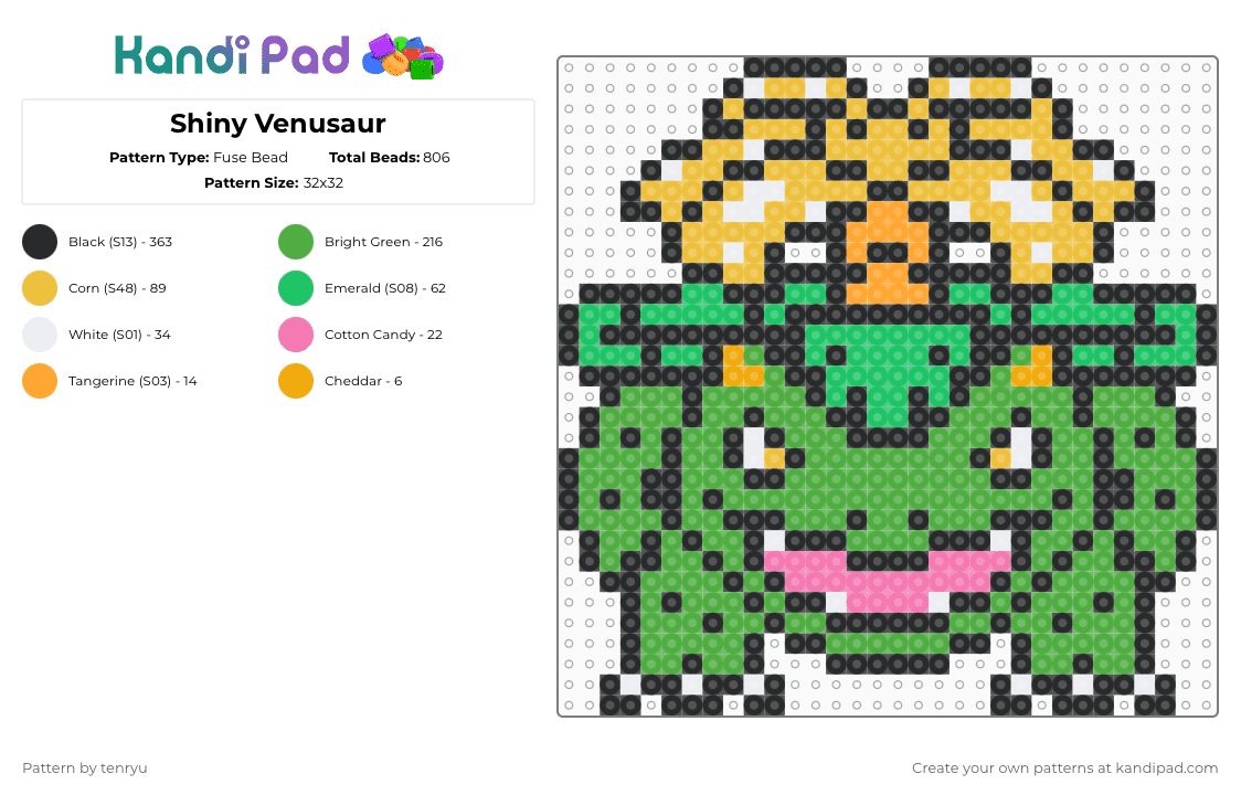 Shiny Venusaur Fuse Bead Pattern - Kandi Pad | Kandi Patterns, Fuse ...