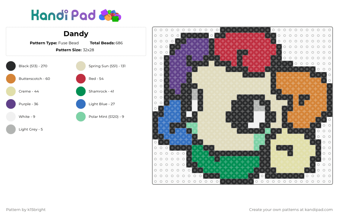 Dandy Fuse Bead Pattern - Kandi Pad | Kandi Patterns, Fuse Bead ...