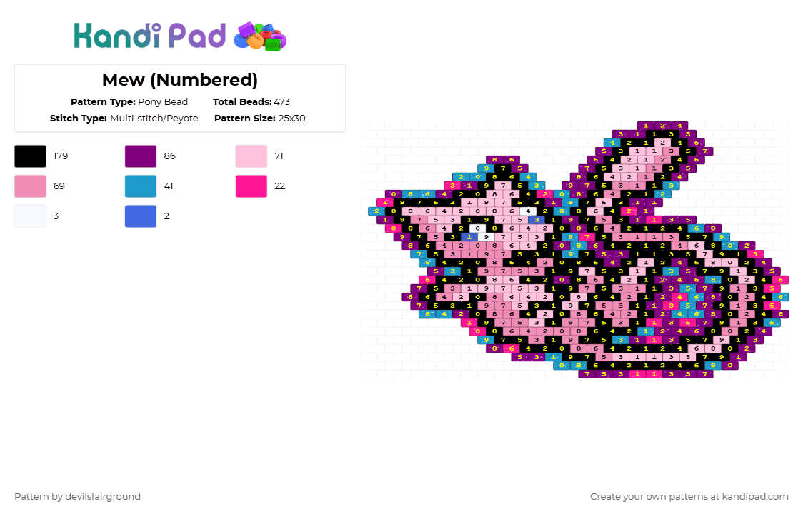 Mew (Numbered) Pony Bead Pattern - Kandi Pad | Kandi Patterns, Fuse ...