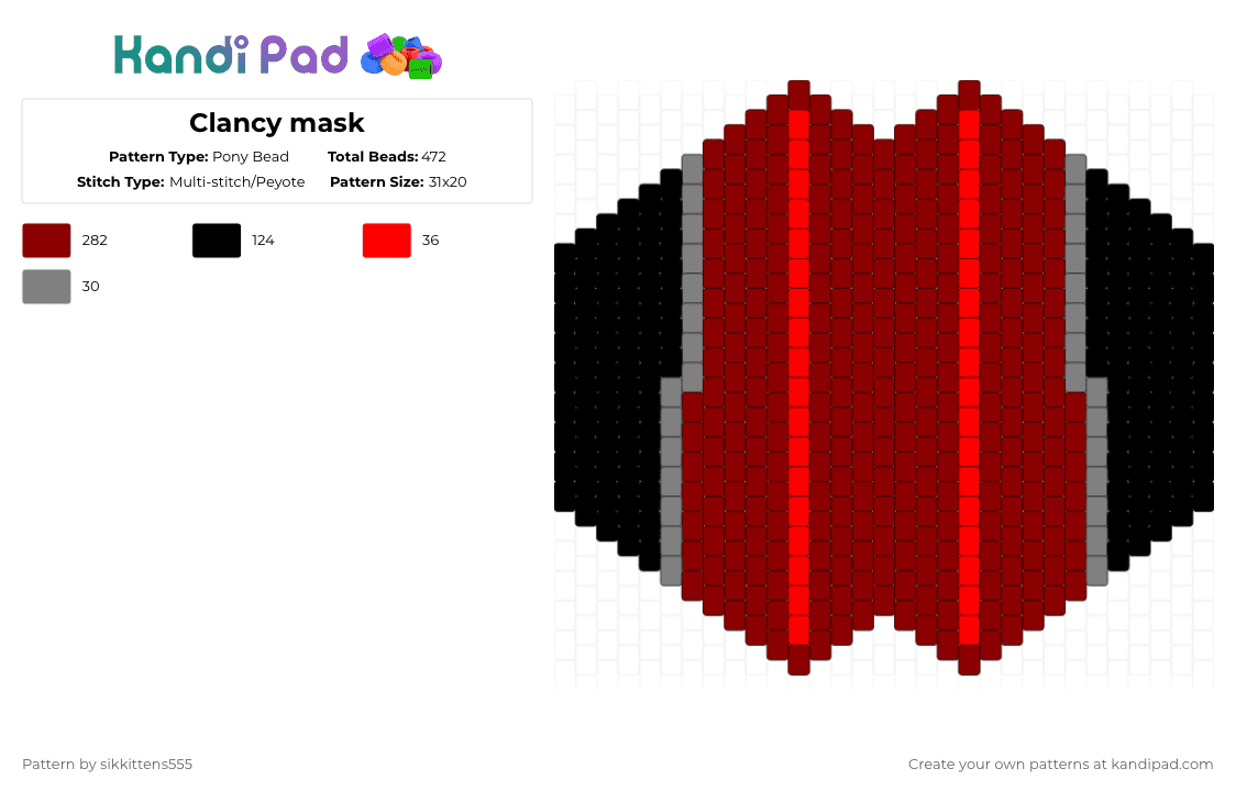 Clancy mask Pony Bead Pattern - Kandi Pad | Kandi Patterns, Fuse Bead ...