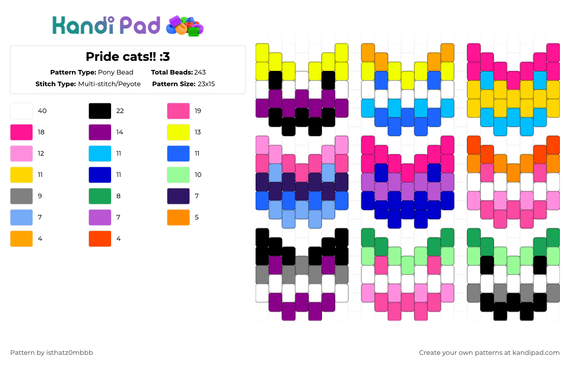 Pride cats!! :3 Pony Bead Pattern - Kandi Pad | Kandi Patterns, Fuse ...