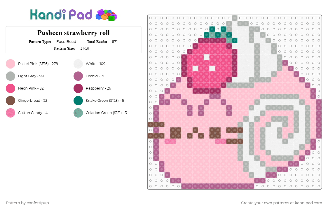 Pusheen strawberry roll Fuse Bead Pattern - Kandi Pad | Kandi Patterns ...