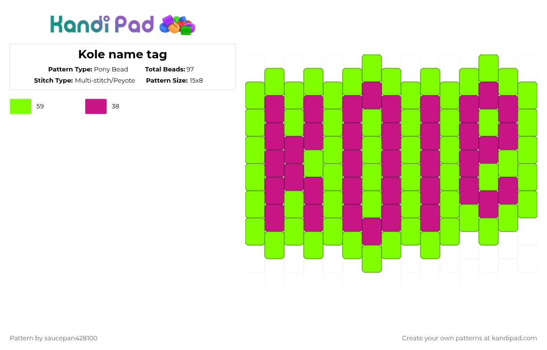 Kole name tag Pony Bead Pattern - Kandi Pad | Kandi Patterns, Fuse Bead ...