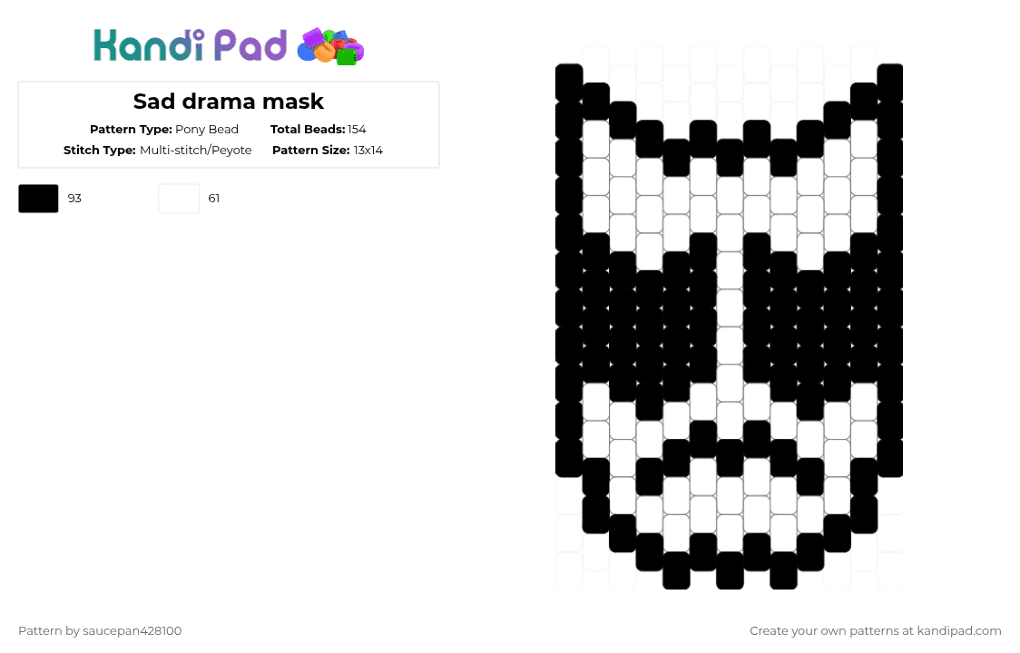 Sad drama mask Pony Bead Pattern - Kandi Pad | Kandi Patterns, Fuse ...