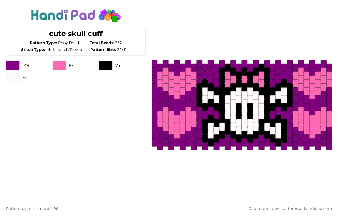 Cute skull cuff Pony Bead Pattern - Kandi Pad | Kandi Patterns, Fuse ...