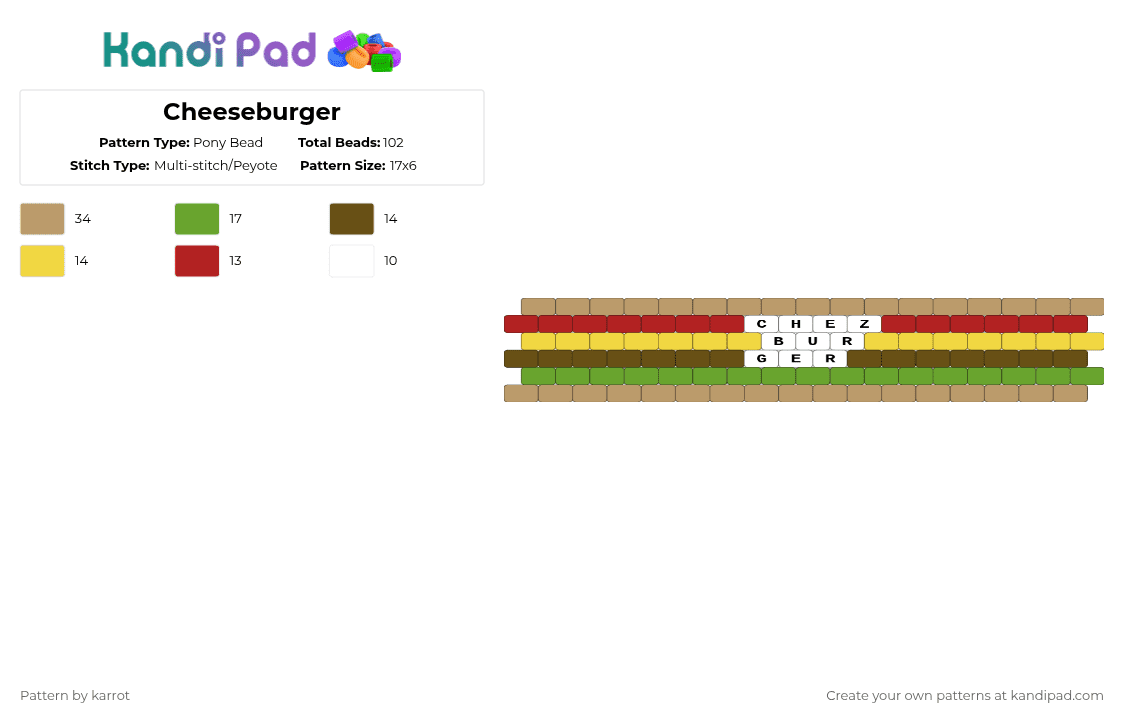 Cheeseburger Pony Bead Pattern - Kandi Pad | Kandi Patterns, Fuse Bead ...