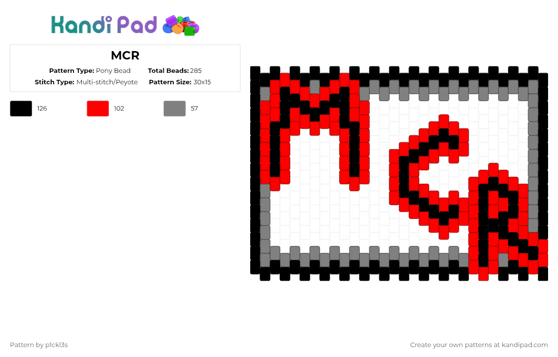 MCR Pony Bead Pattern - Kandi Pad | Kandi Patterns, Fuse Bead Patterns ...