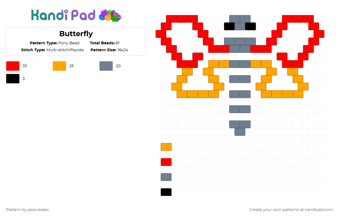 Butterfly Pony Bead Pattern - Kandi Pad | Kandi Patterns, Fuse Bead ...