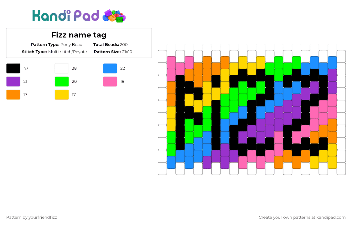 Fizz name tag Pony Bead Pattern - Kandi Pad | Kandi Patterns, Fuse Bead ...