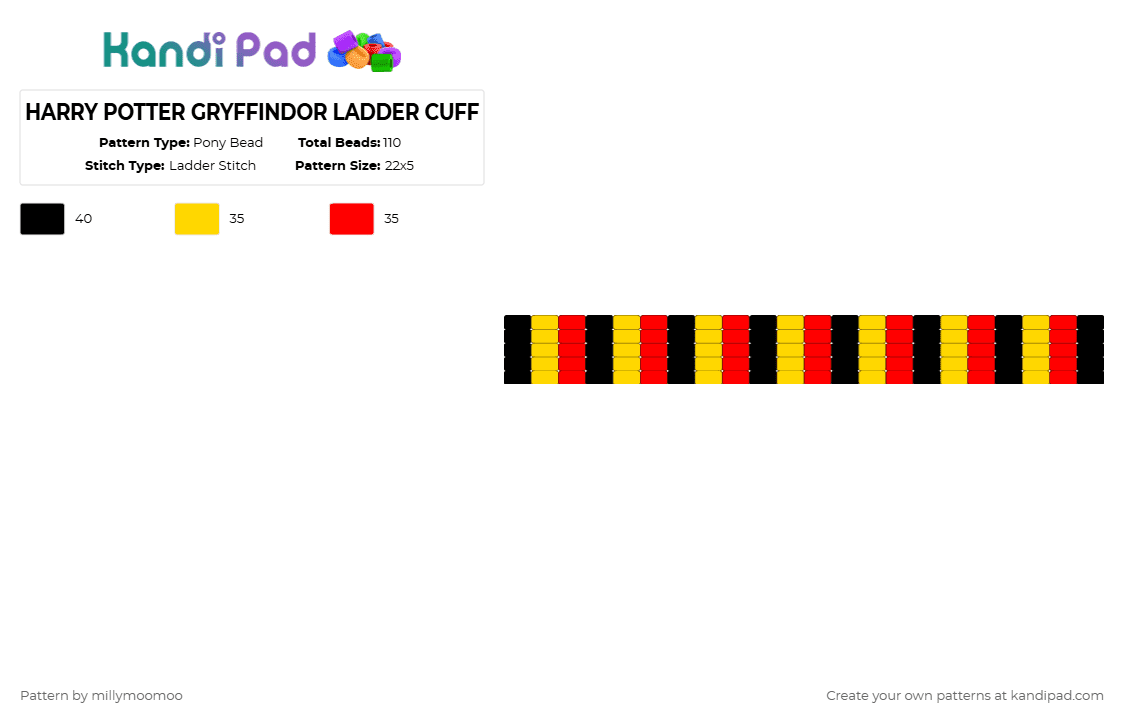 HARRY POTTER GRYFFINDOR LADDER CUFF Pony Bead Pattern - Kandi Pad ...