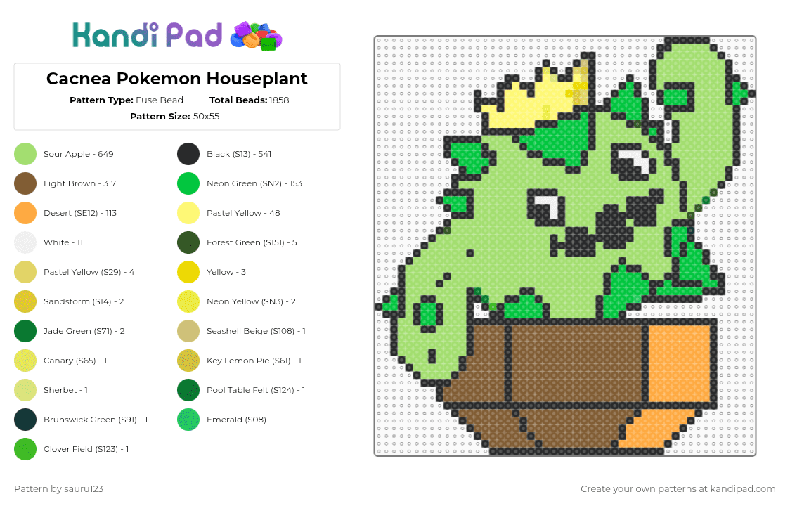Cacnea Pokemon Houseplant Fuse Bead Pattern - Kandi Pad | Kandi ...