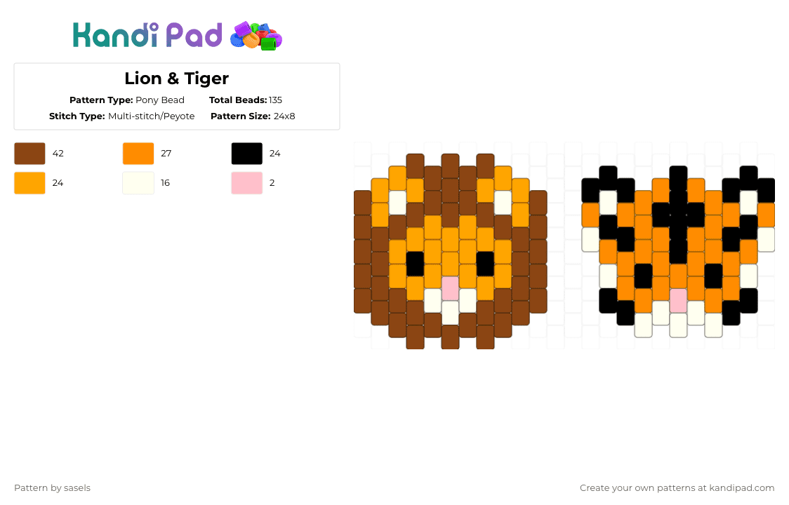 Lion & Tiger Pony Bead Pattern - Kandi Pad | Kandi Patterns, Fuse Bead ...