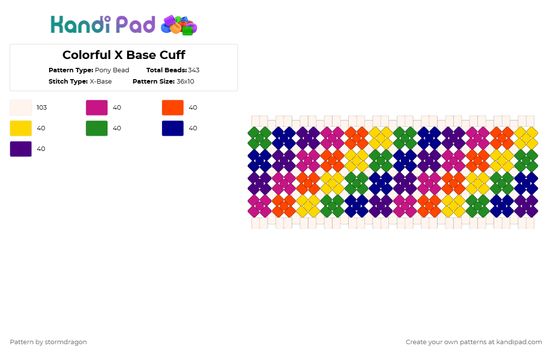 Colorful X Base Cuff Pony Bead Pattern - Kandi Pad | Kandi Patterns ...