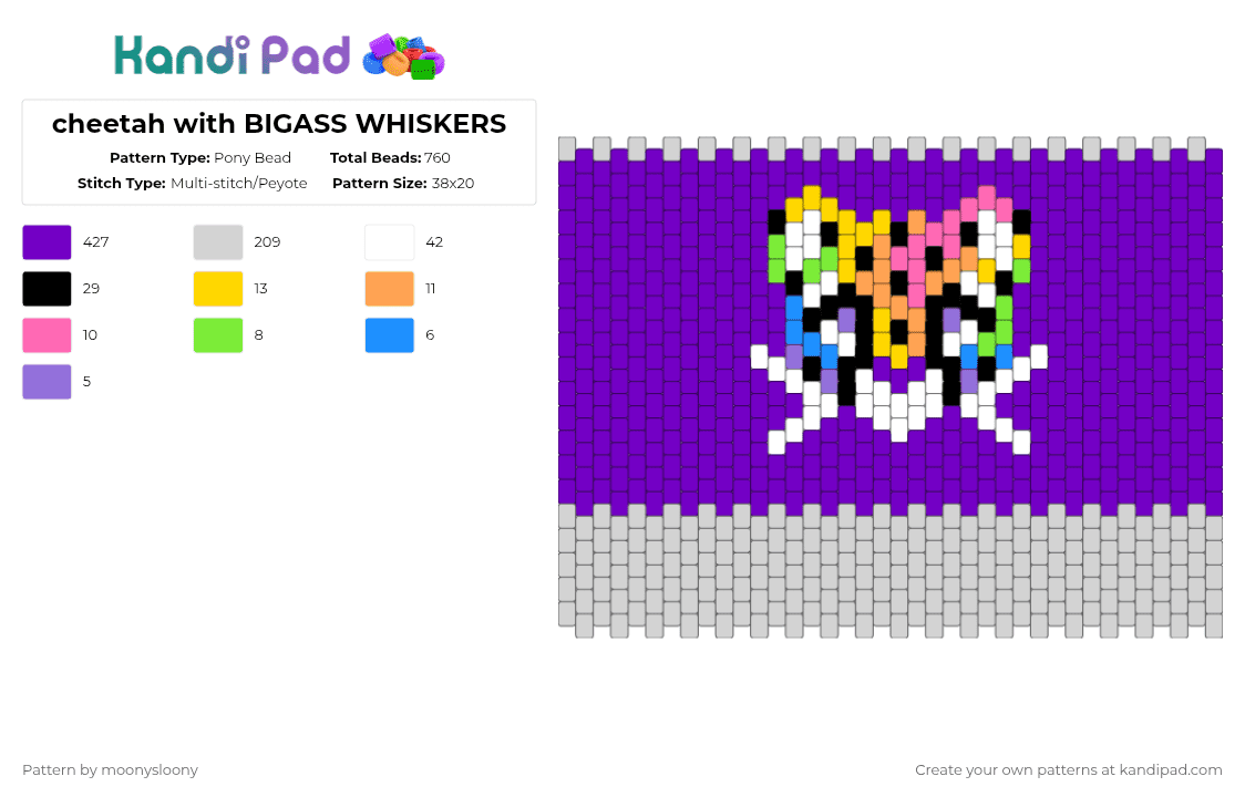 Cheetah with BIGASS WHISKERS Pony Bead Pattern - Kandi Pad | Kandi ...