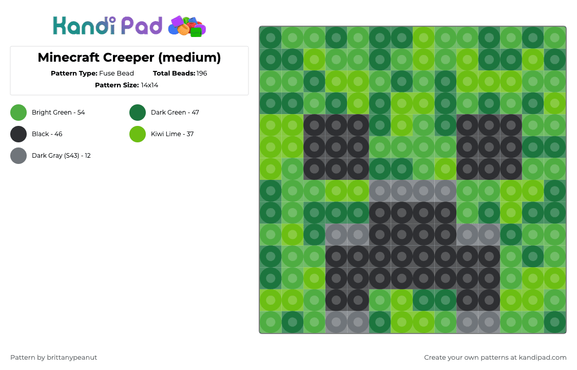 Minecraft Creeper (medium) Fuse Bead Pattern - Kandi Pad | Kandi ...