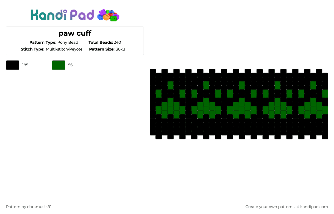 Paw cuff Pony Bead Pattern - Kandi Pad | Kandi Patterns, Fuse Bead ...