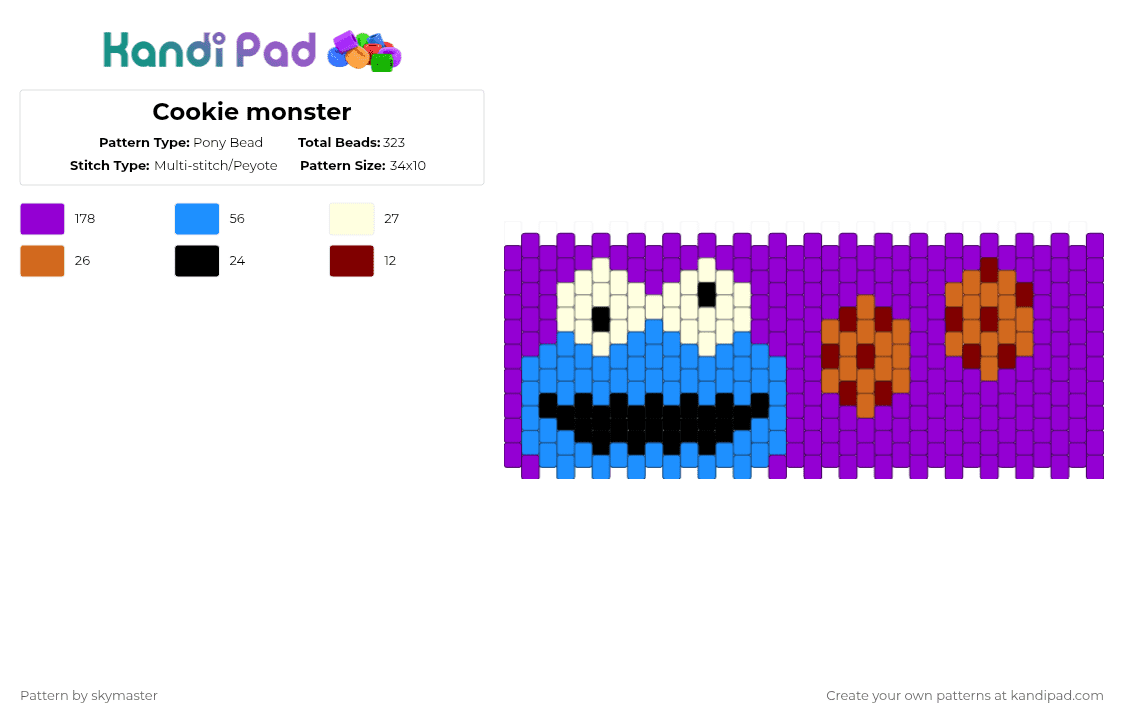 Cookie monster Pony Bead Pattern - Kandi Pad | Kandi Patterns, Fuse ...