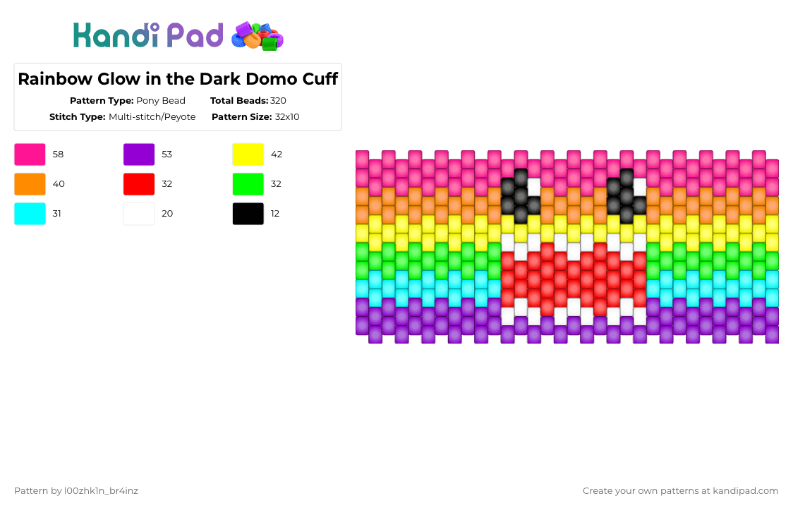 Rainbow Glow in the Dark Domo Cuff Pony Bead Pattern - Kandi Pad ...