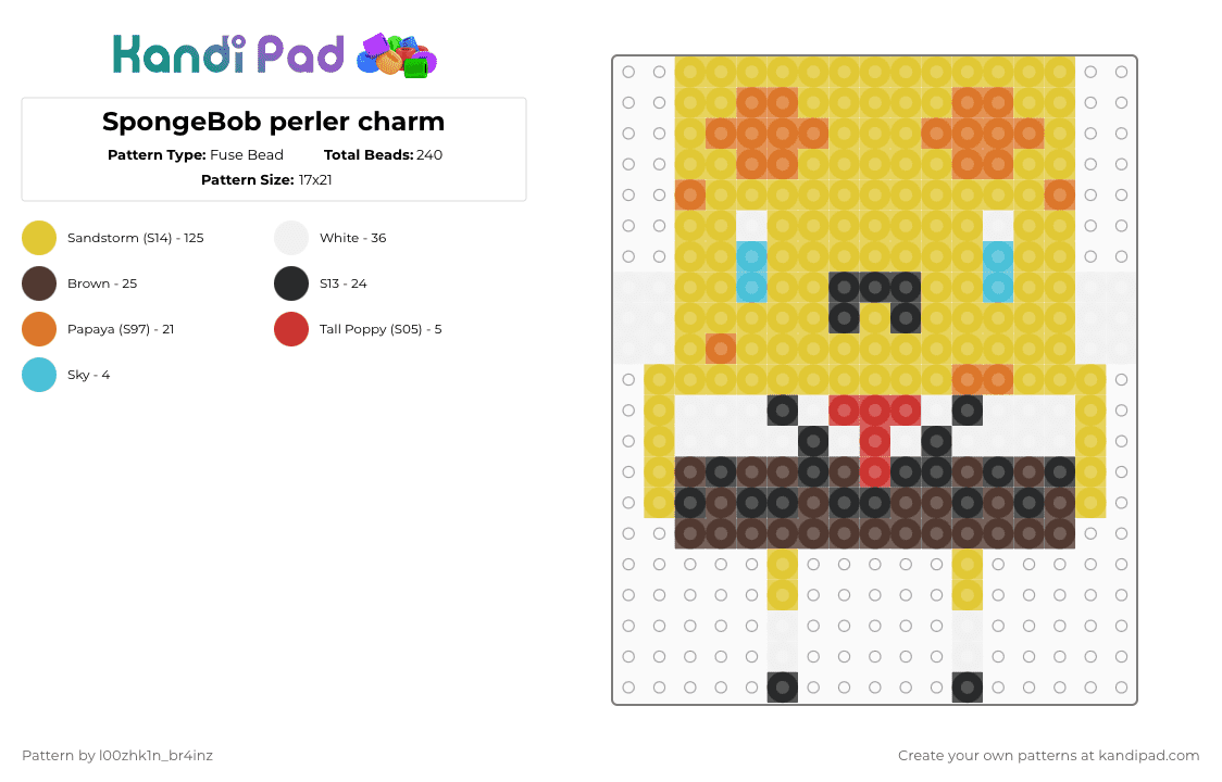 SpongeBob perler charm Fuse Bead Pattern - Kandi Pad | Kandi Patterns ...