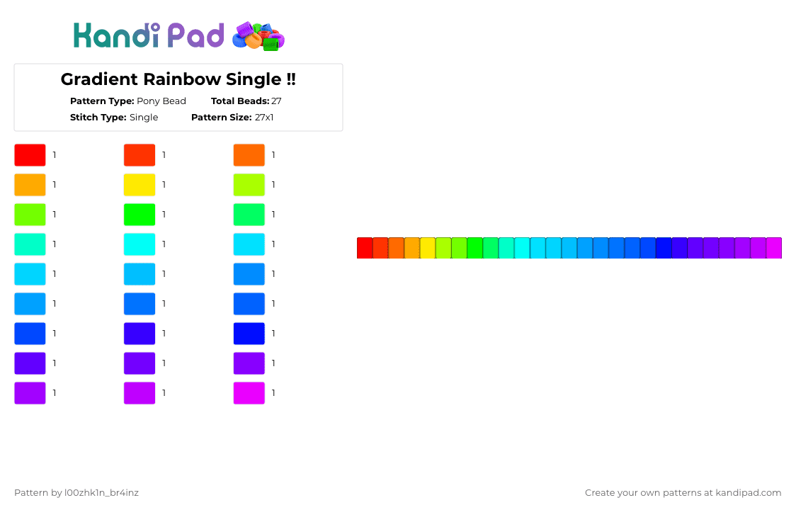 Gradient Rainbow Single !! Pony Bead Pattern - Kandi Pad | Kandi ...