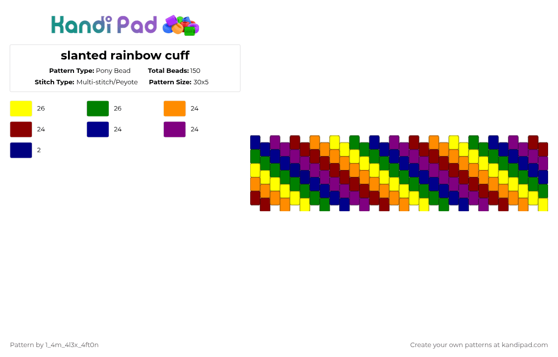 Slanted rainbow cuff Pony Bead Pattern - Kandi Pad | Kandi Patterns ...