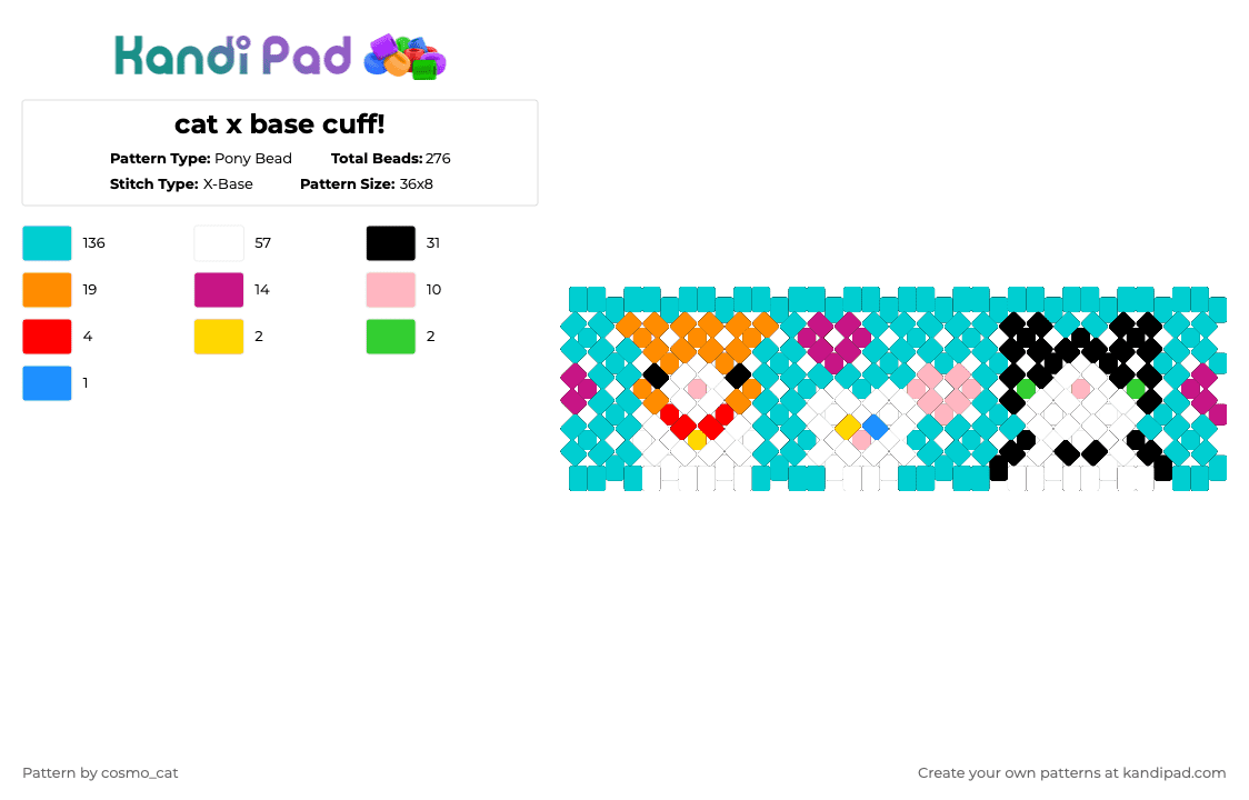 Cat x base cuff! Pony Bead Pattern - Kandi Pad | Kandi Patterns, Fuse ...