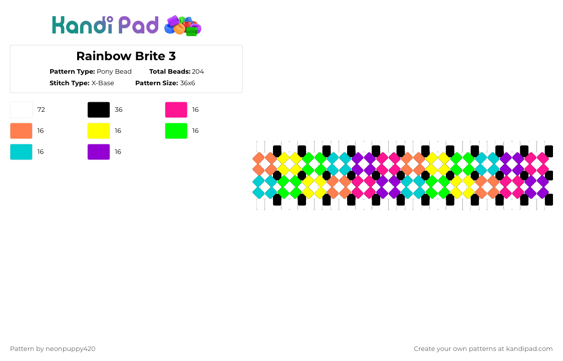 Rainbow Brite 3 Pony Bead Pattern - Kandi Pad | Kandi Patterns, Fuse ...