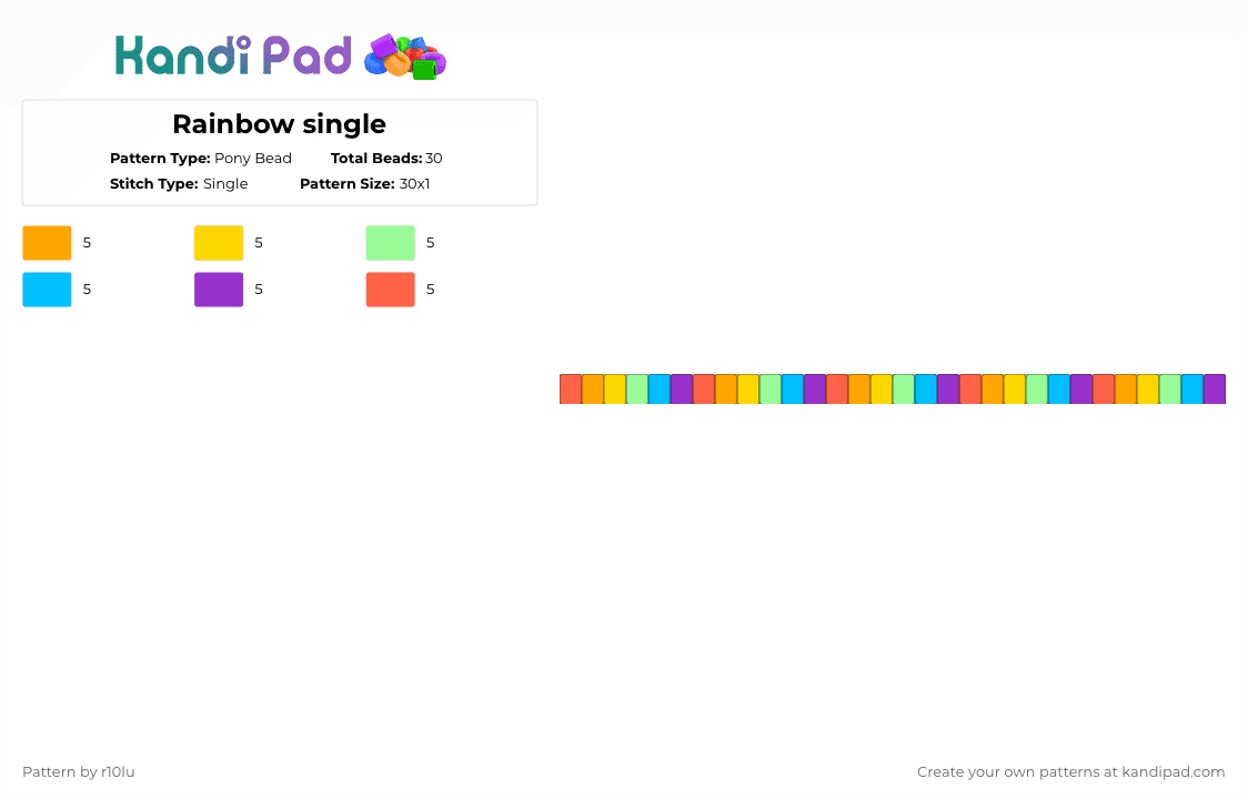 Rainbow single Pony Bead Pattern - Kandi Pad | Kandi Patterns, Fuse ...