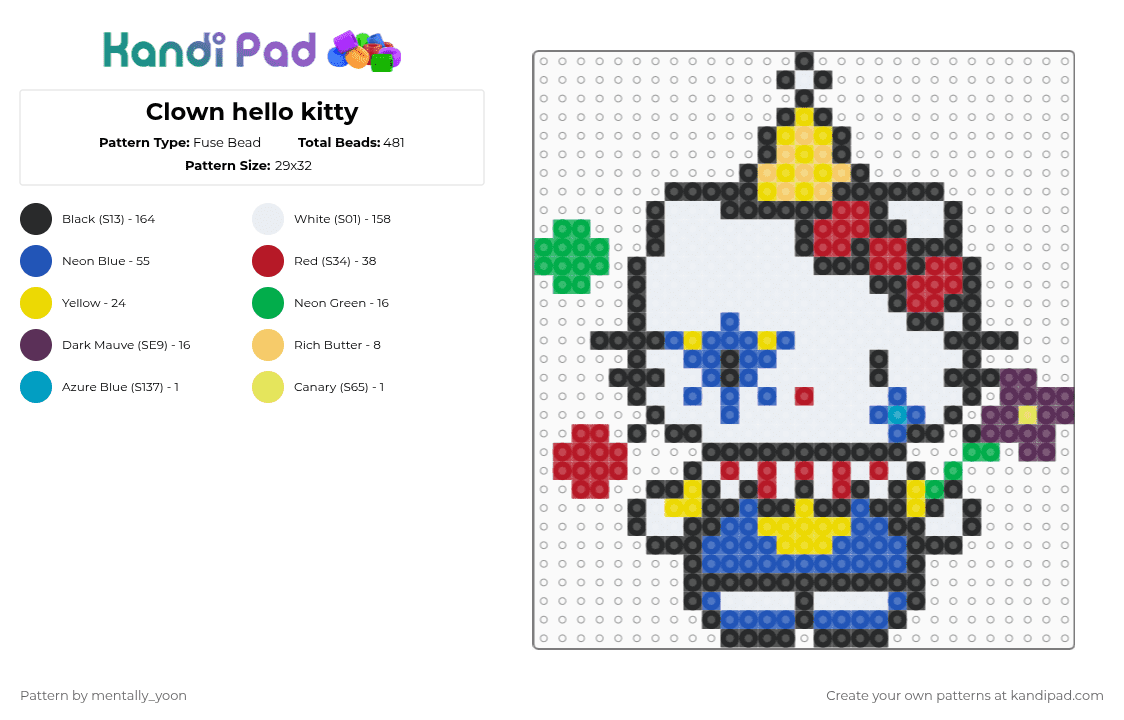 Clown hello kitty Fuse Bead Pattern - Kandi Pad | Kandi Patterns, Fuse ...
