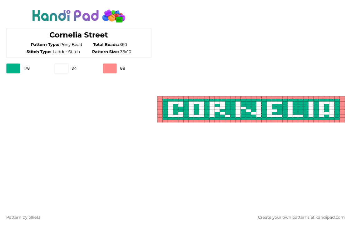 Cornelia Street Pony Bead Pattern - Kandi Pad | Kandi Patterns, Fuse ...