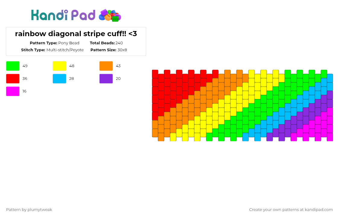 Rainbow diagonal stripe cuff!! Pony Bead Pattern - Kandi Pad | Kandi ...