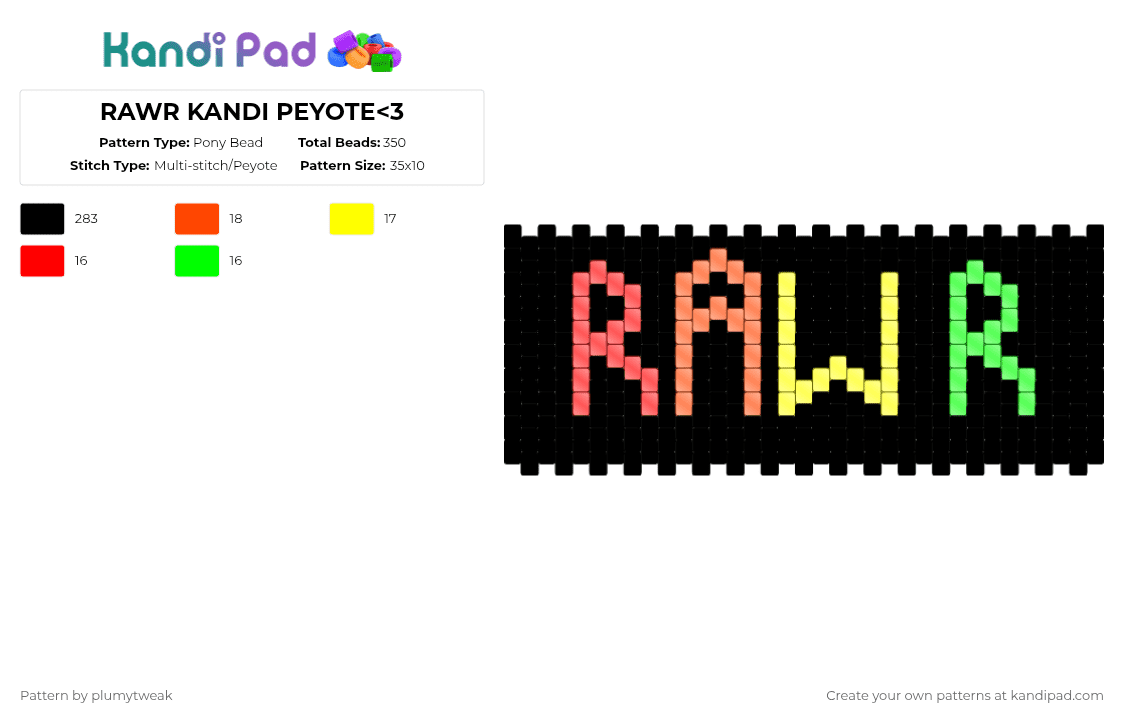RAWR KANDI PEYOTE Pony Bead Pattern - Kandi Pad | Kandi Patterns, Fuse ...