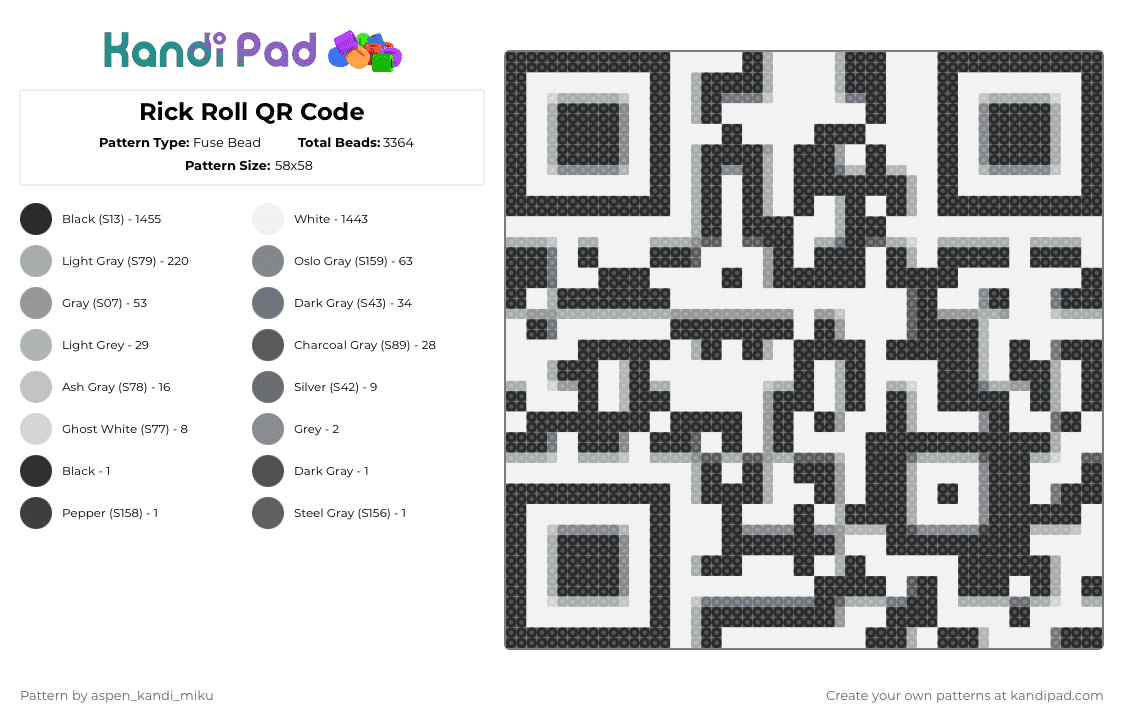 Rick Roll QR Code Fuse Bead Pattern - Kandi Pad | Kandi Patterns, Fuse ...
