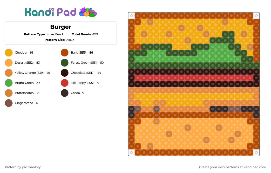 Burger Fuse Bead Pattern - Kandi Pad | Kandi Patterns, Fuse Bead ...