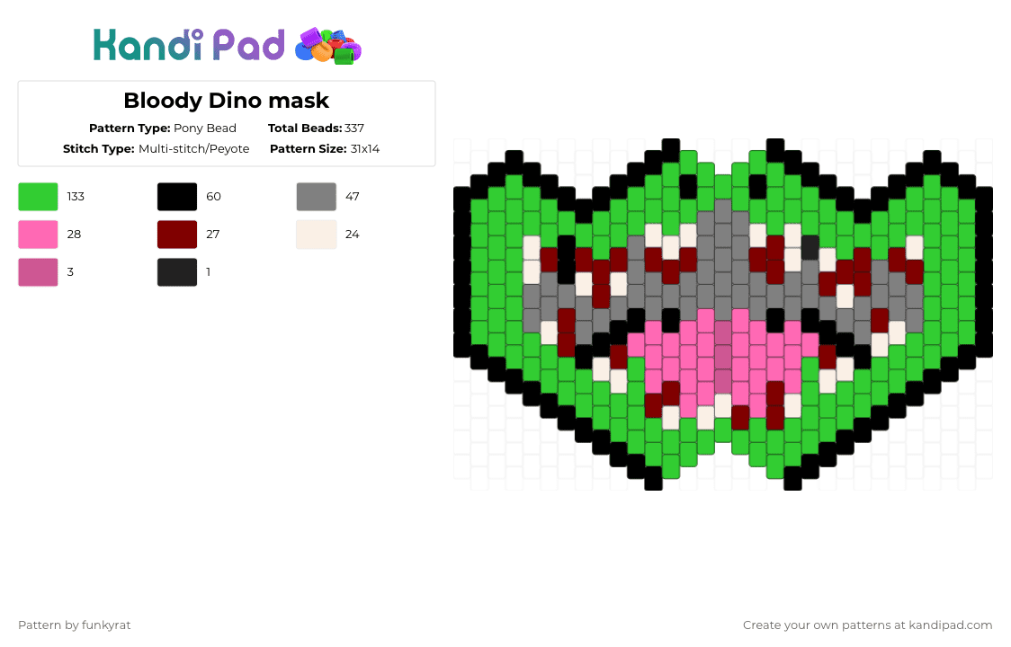 Bloody Dino mask Pony Bead Pattern - Kandi Pad | Kandi Patterns, Fuse ...