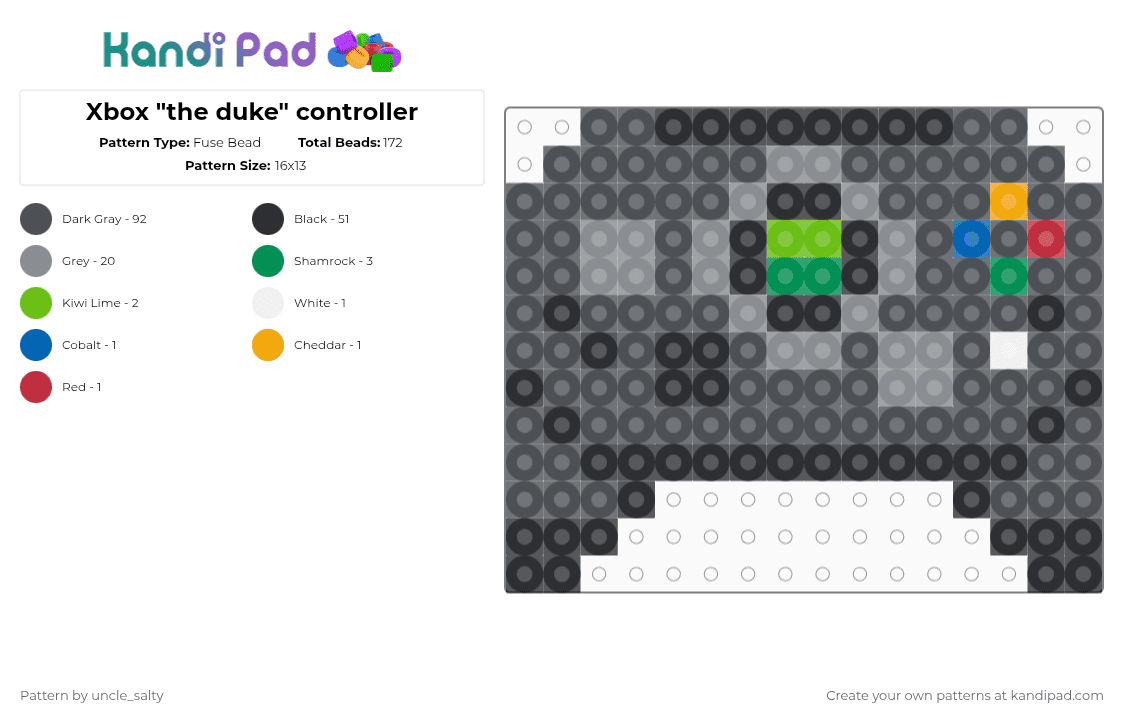 Xbox "the duke" controller Fuse Bead Pattern - Kandi Pad | Kandi ...