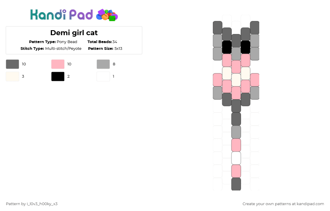 Demi girl cat Pony Bead Pattern - Kandi Pad | Kandi Patterns, Fuse Bead ...